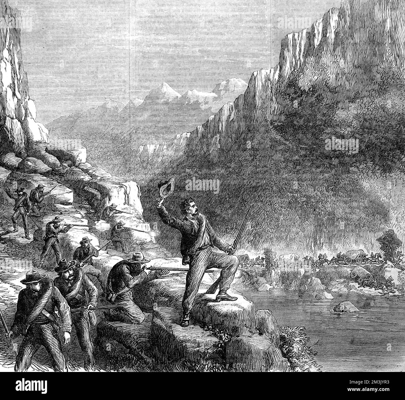 Confederate sharpshooters firing at a supply train, American Stock ...