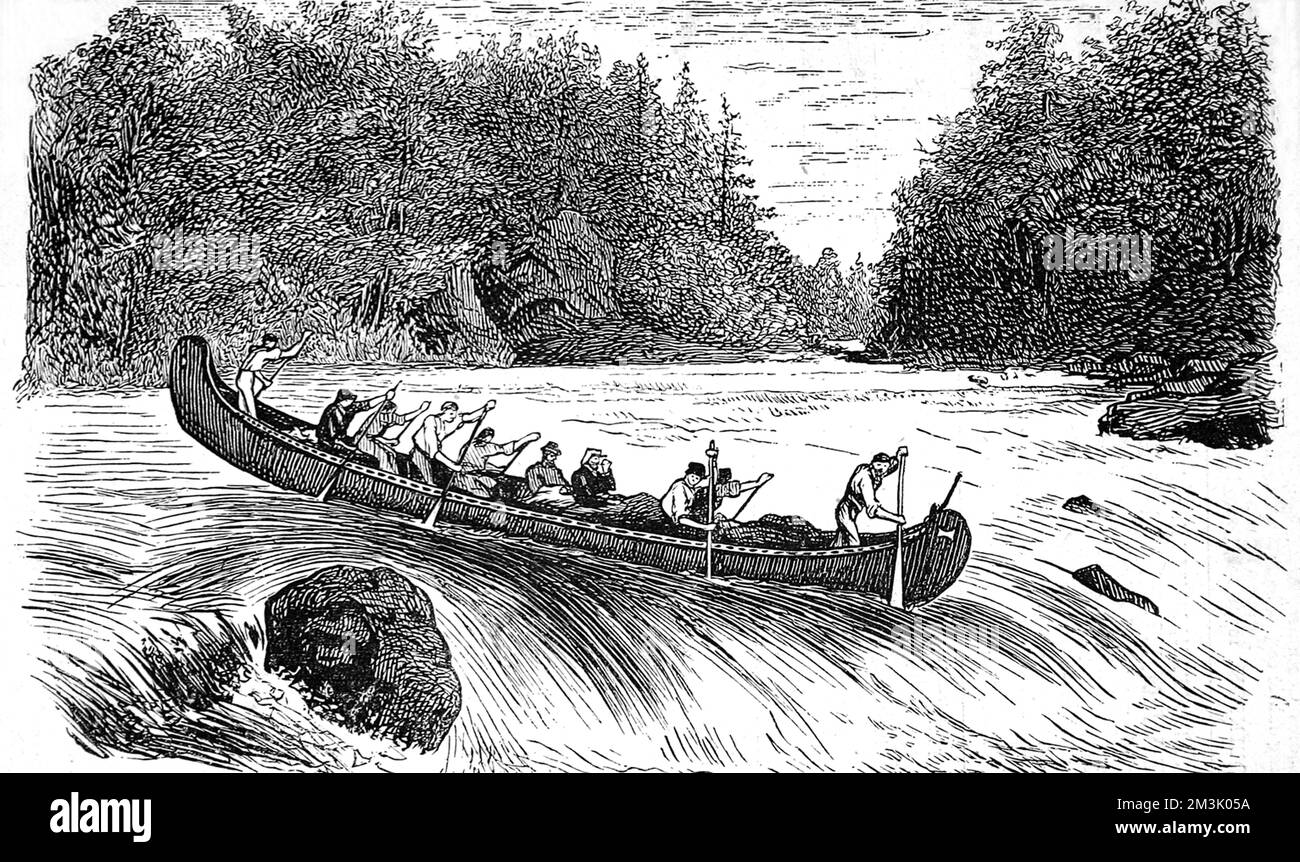 Indian canoe shooting rapids in Red River Territory. Date: 1874 Stock ...