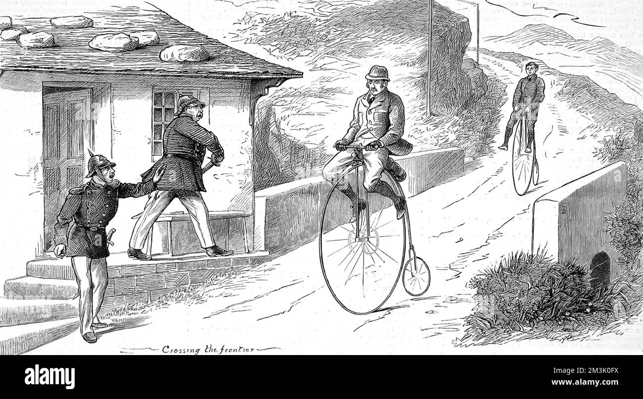 Cyclists at a European Frontier on a Penny Farthing Stock Photo - Alamy