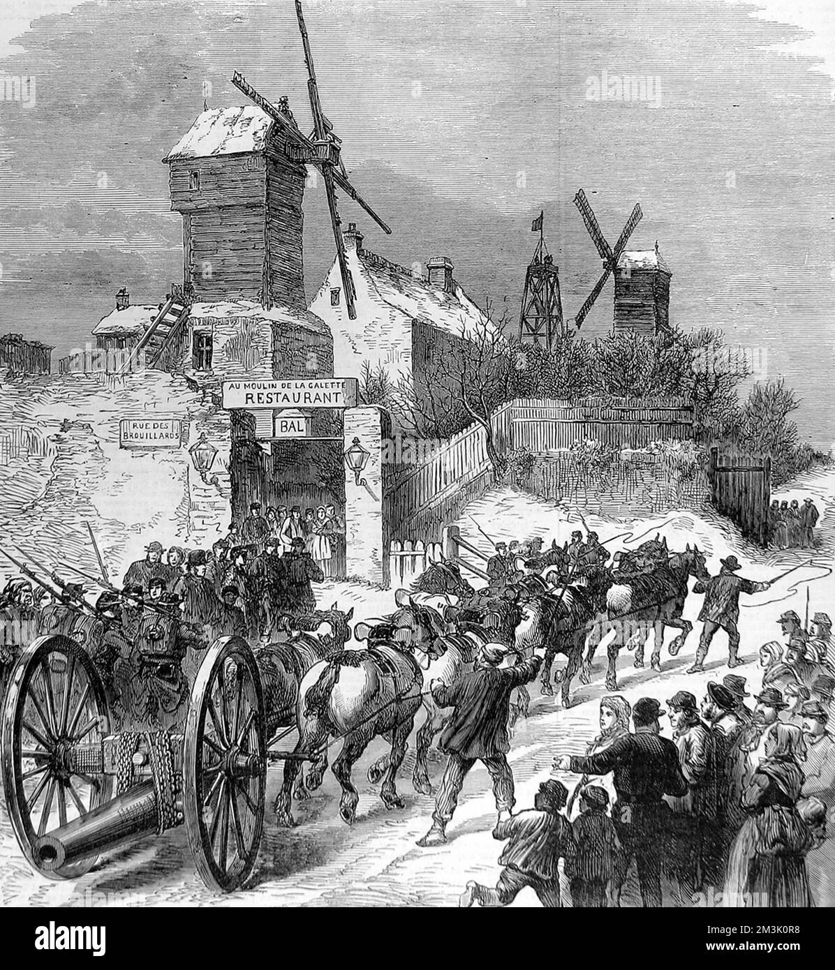 A gun carriage being hauled up the Buttes Montmartre, Paris, with the ...