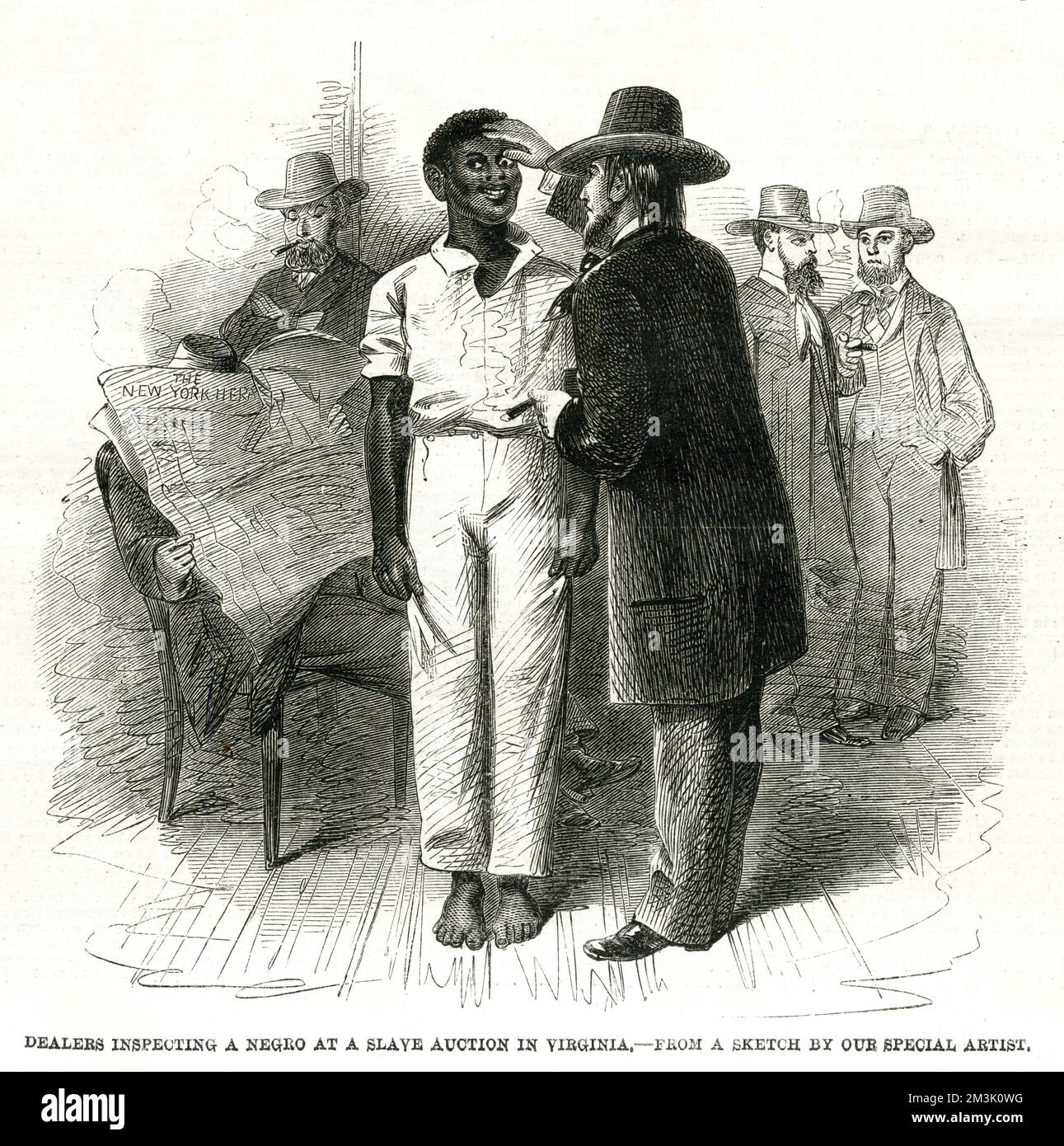 Slave dealers inspecting a negro at a slave auction 1861 Stock Photo ...