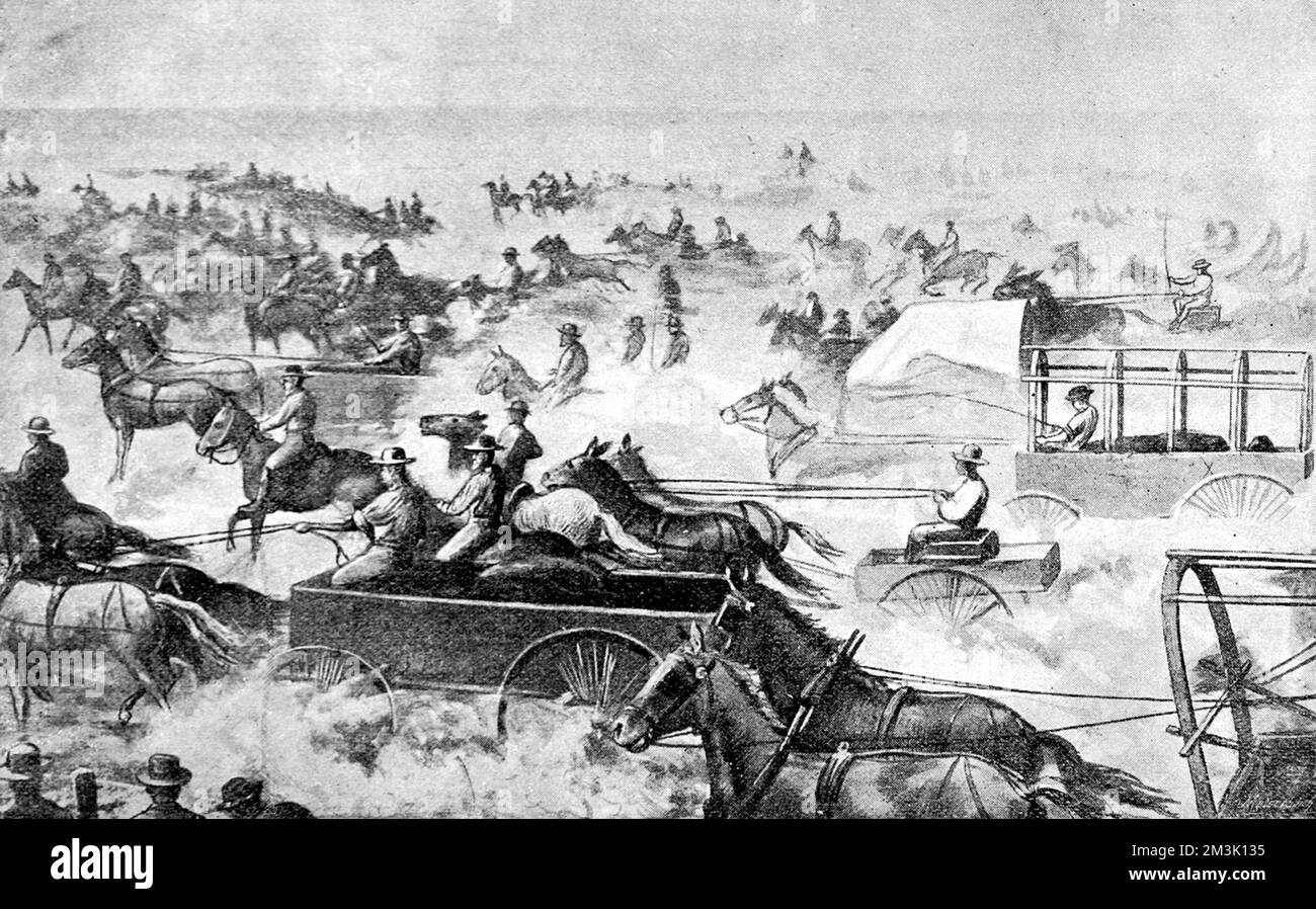 Horses and wagons of all sorts take the participants in the land-rush ...