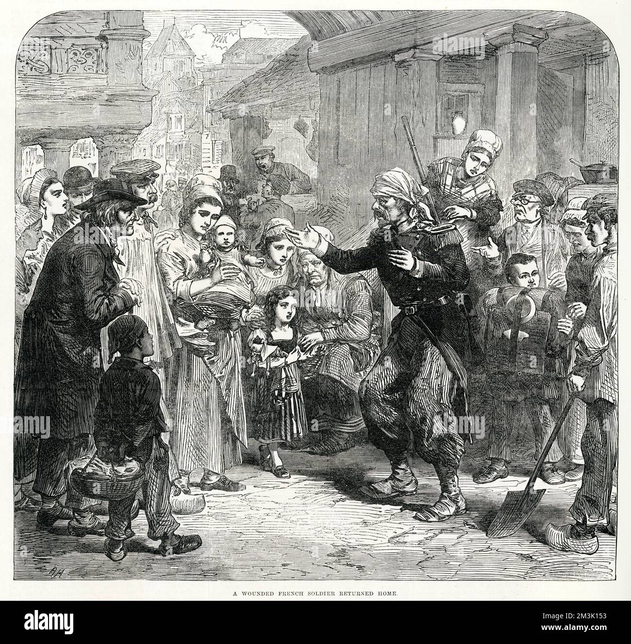 Street scene with a crowd of Elderly men, women and children, some in ...