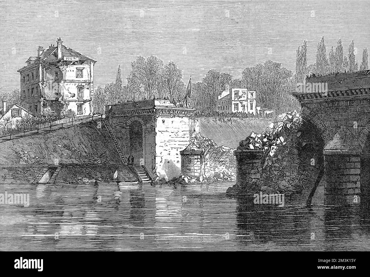 Ruined buildings and destroyed bridge following battle at Sevres. Date ...