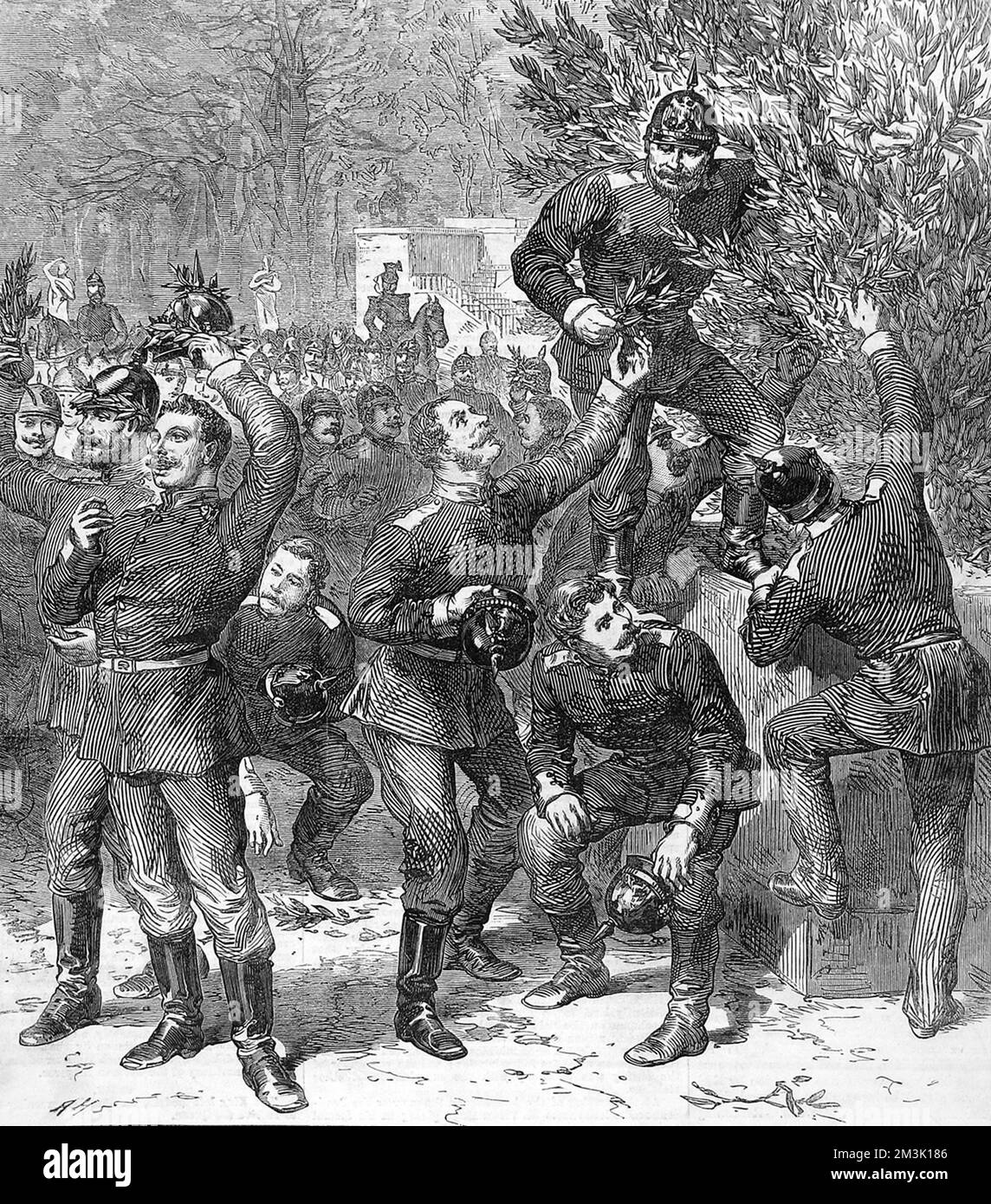 Prussian soldiers making victory laurel wreaths to crown their helmets ...