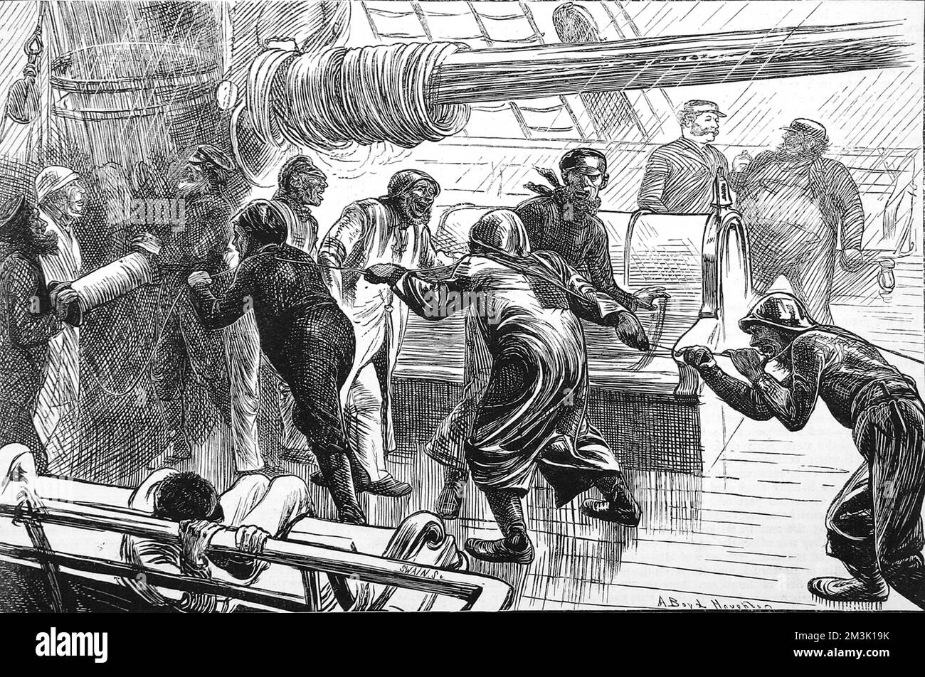 Four sailors 'casting the log' to check the speed of their ship ...