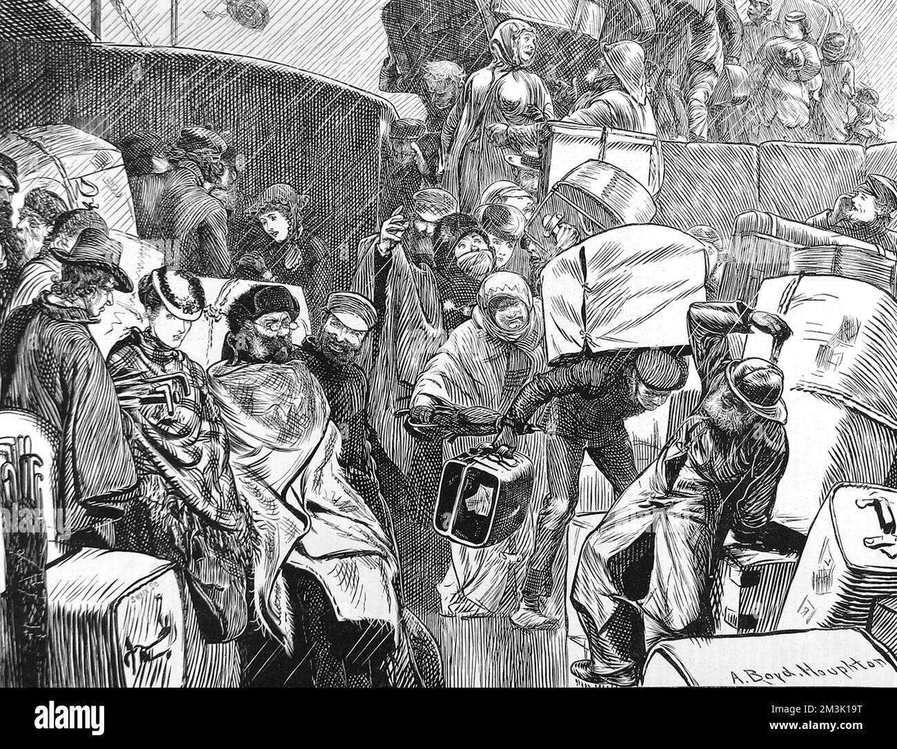 Engraving showing emigrants boarding their ship, in driving rain, at a ...