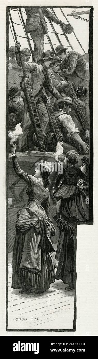 Dockside scene with young women seeing off their sweethearts and ...