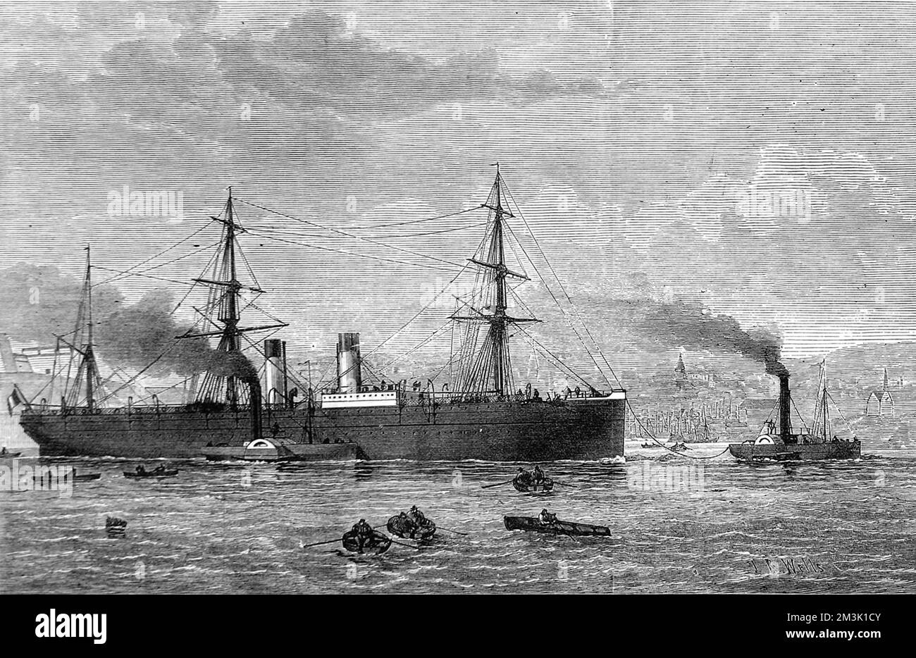 SS 'Amerique' being towed into Plymouth, Devon 1874 Stock Photo - Alamy