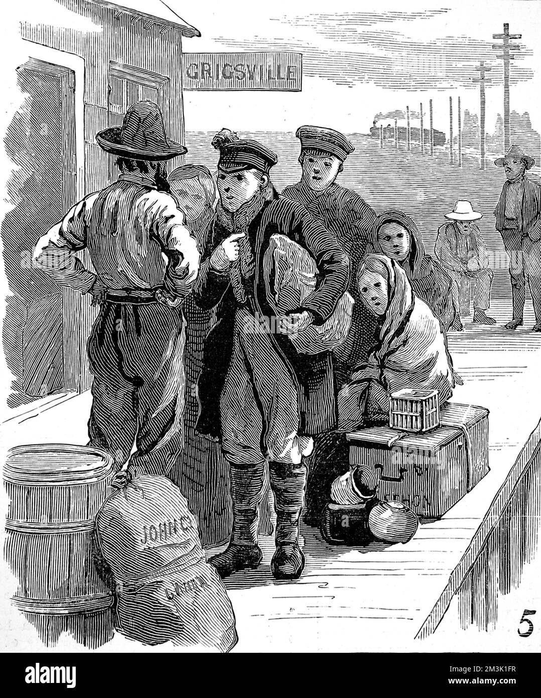 Emigrants arriving at a train station in the Mid-West of Ame Stock ...