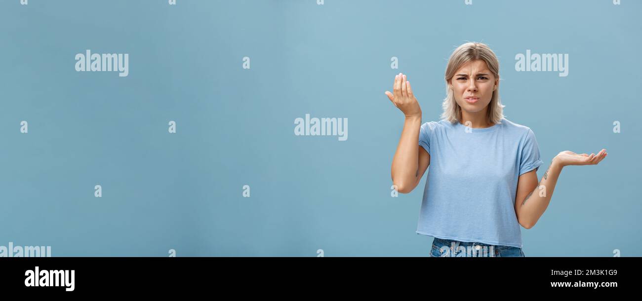 Wtf you saying. Portrait of pissed and confused stylish girlfriend with ...