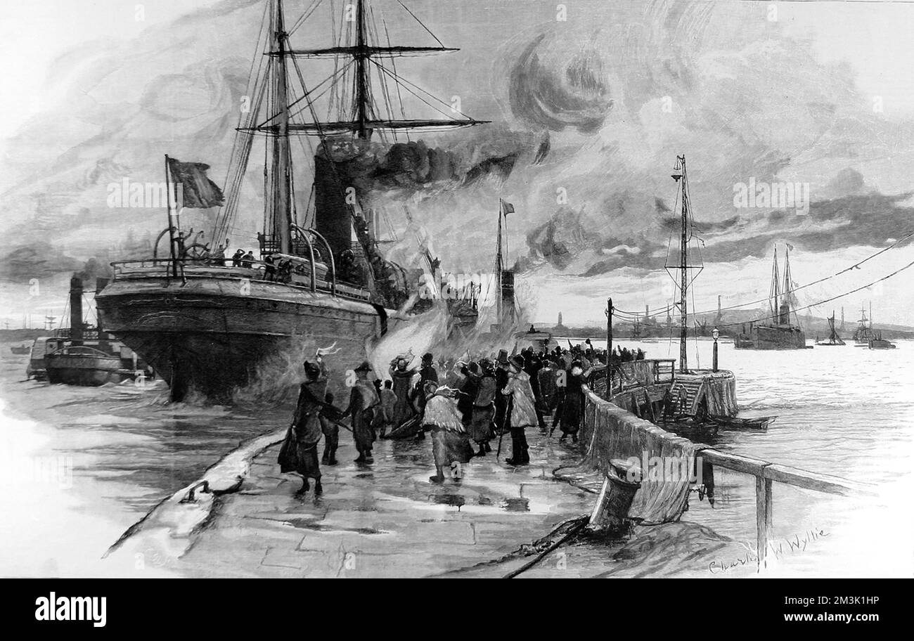 Engraving of ship leaving the dock, steam pouring from the funnel ...