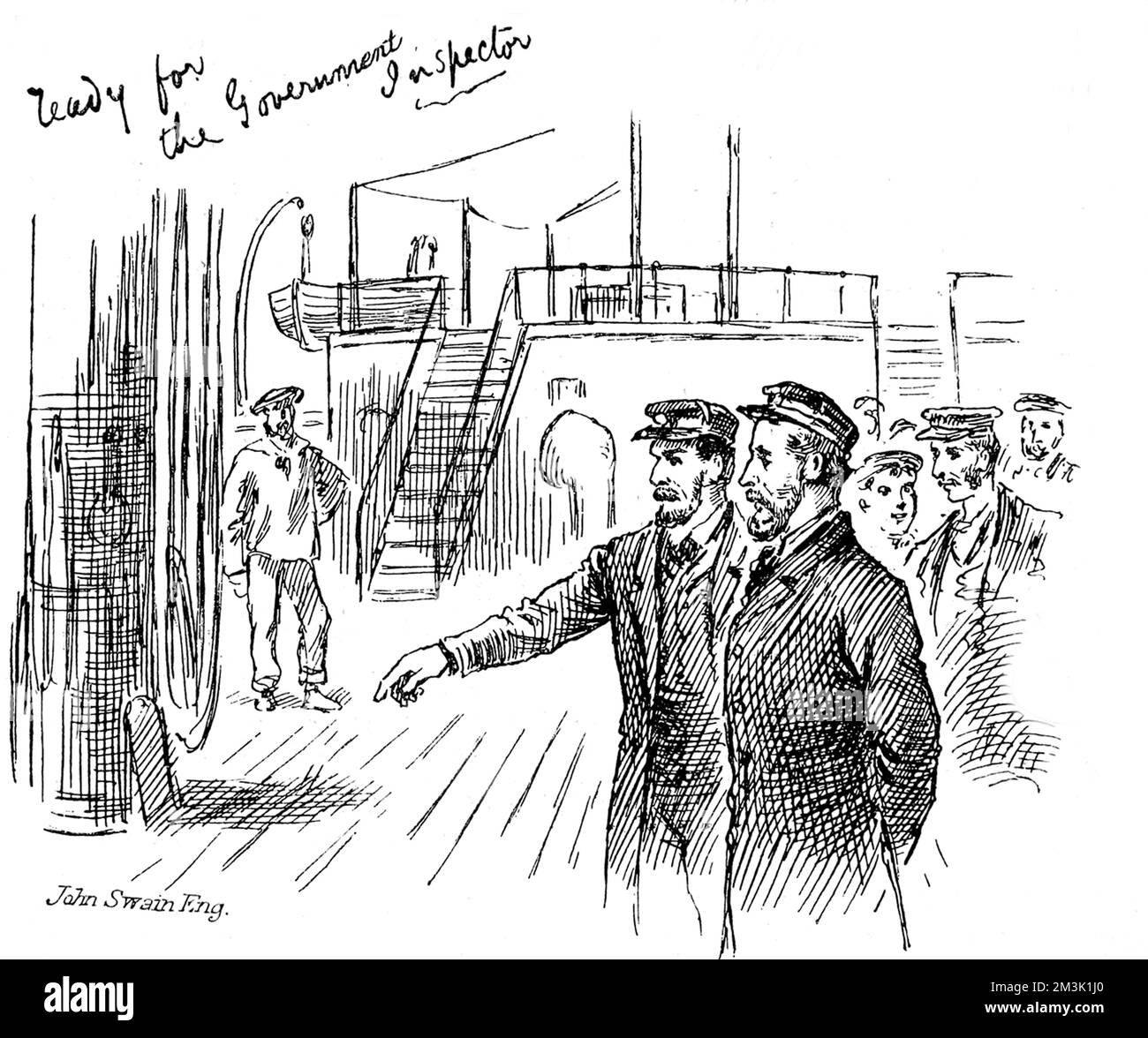 Engraving showing the Captain and officers of an emigrant ship checking ...