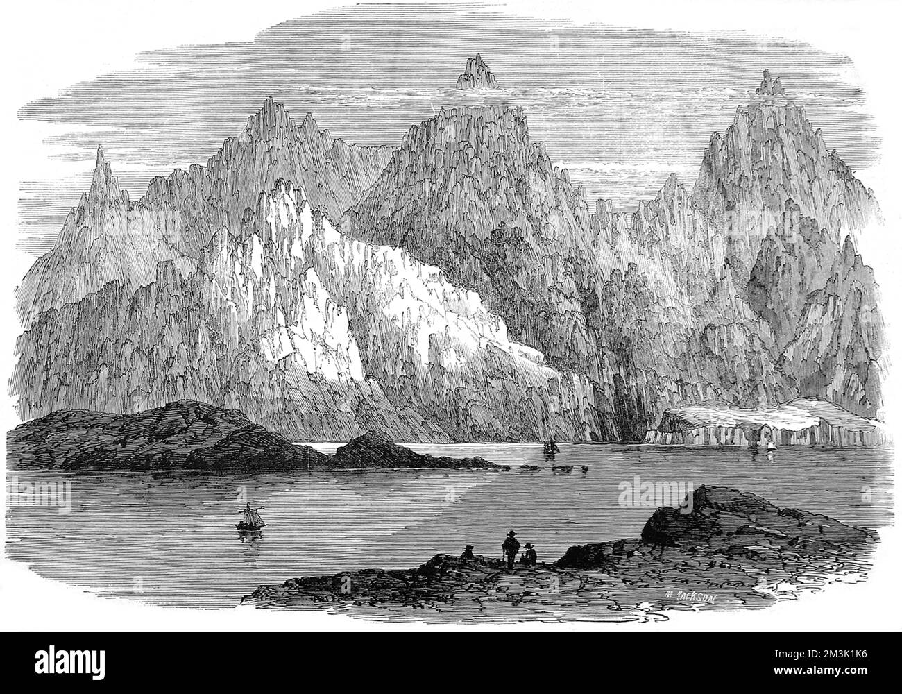 Engraving of shale mountains and very big lake with small boats. The ...