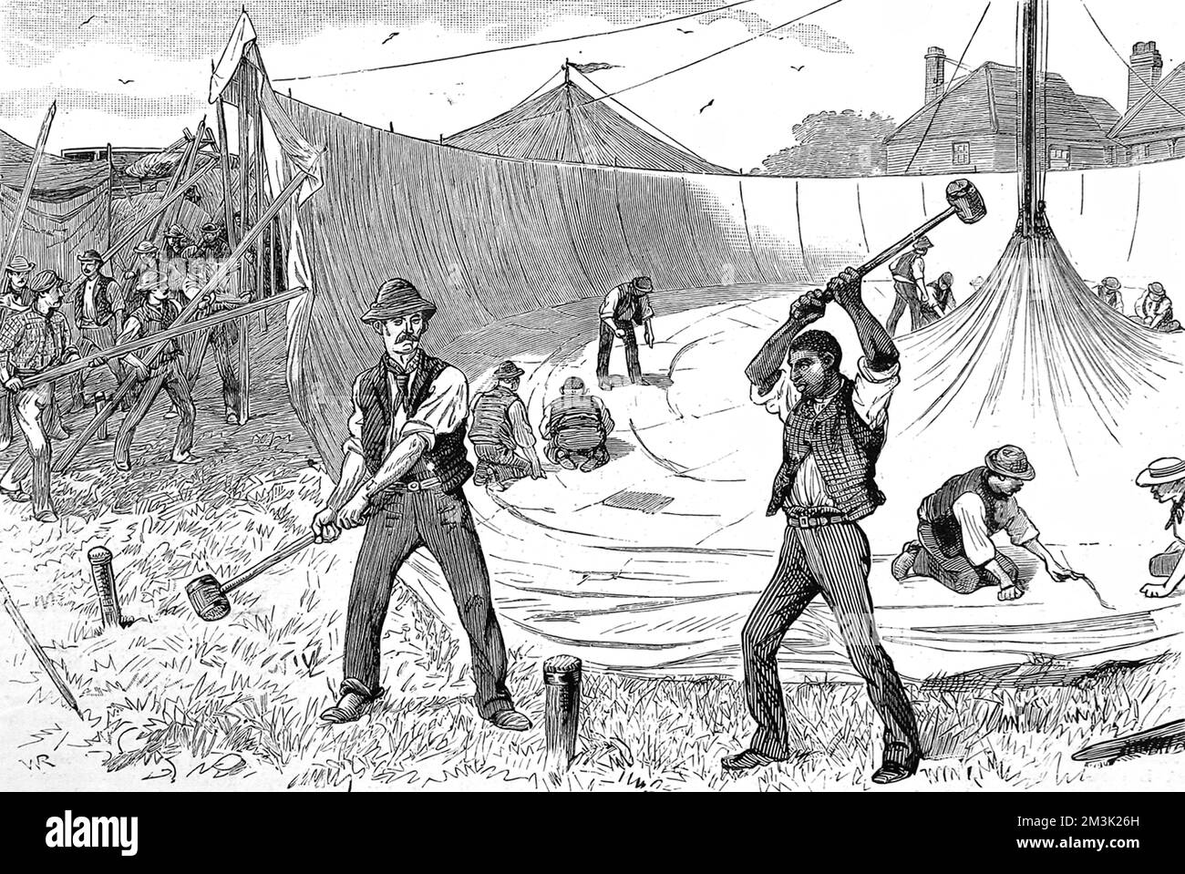 Engraving showing the raising of the 'big top' as a circus arrives in ...