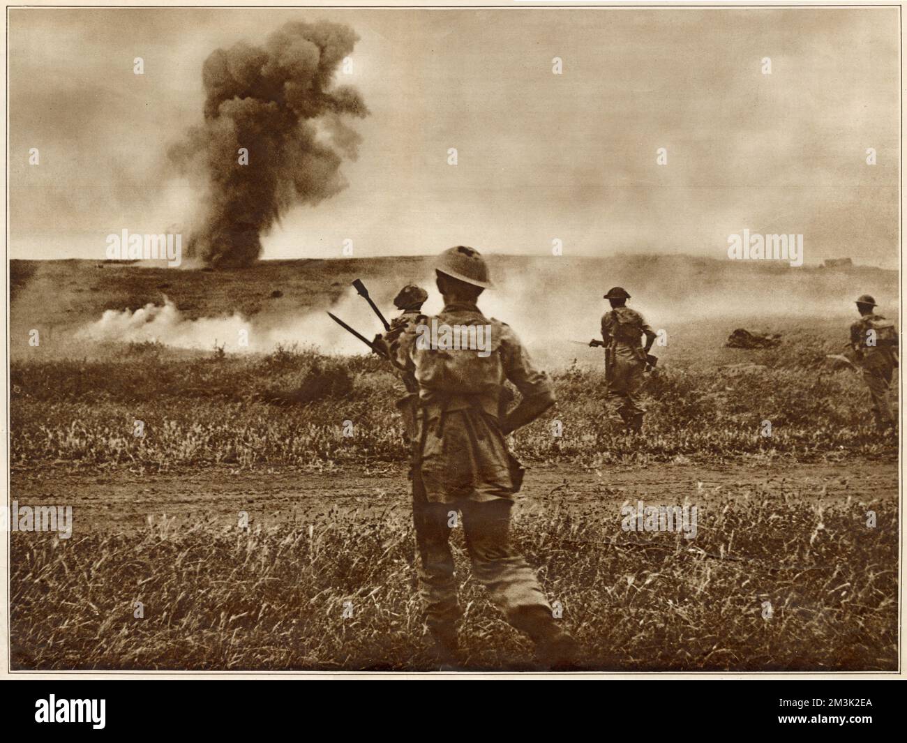 British infantrymen advancing towards enemy positions in Tunisia, North ...