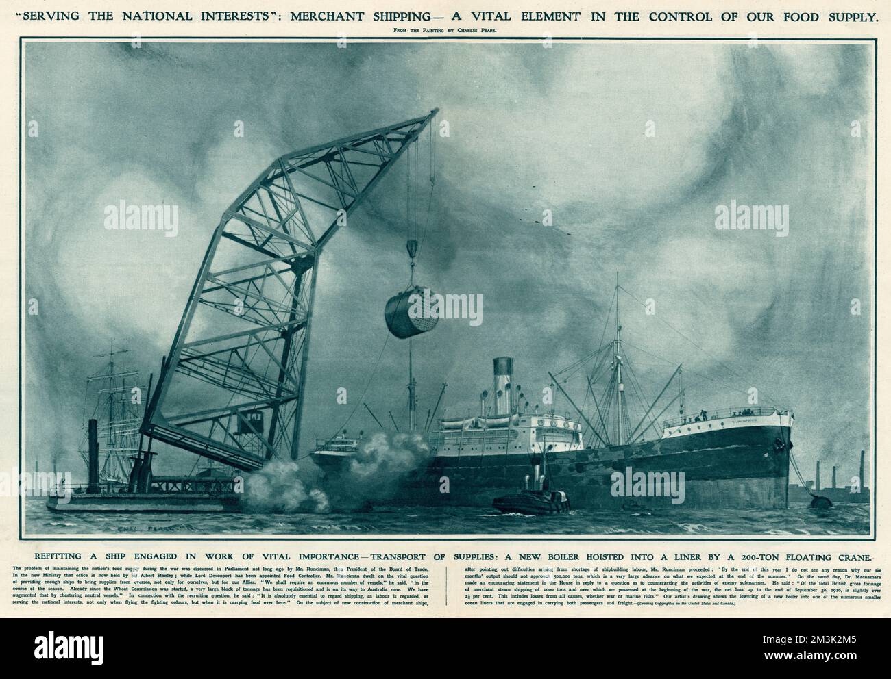 200-ton floating crane hoisting a new boiler into a cargo liner of the ...