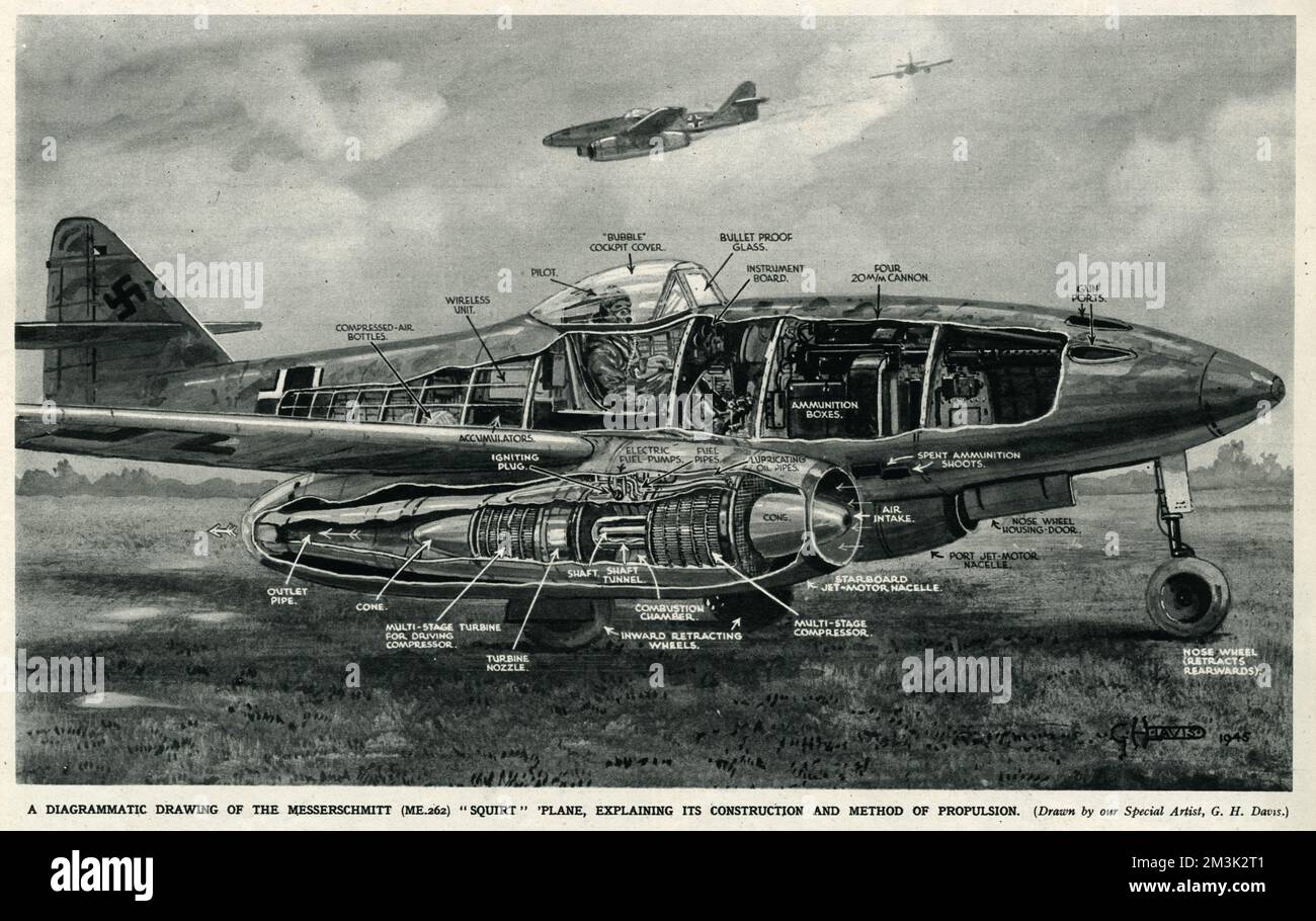 Diagrammatic drawing of a German Messerschmitt ME262 jet fighter, used ...