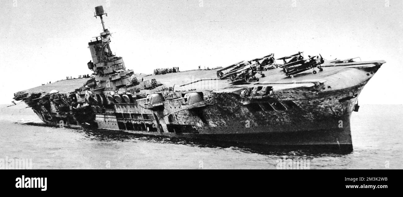 HMS 'Ark Royal' listing to starboard, Second World War, 1941 Stock ...