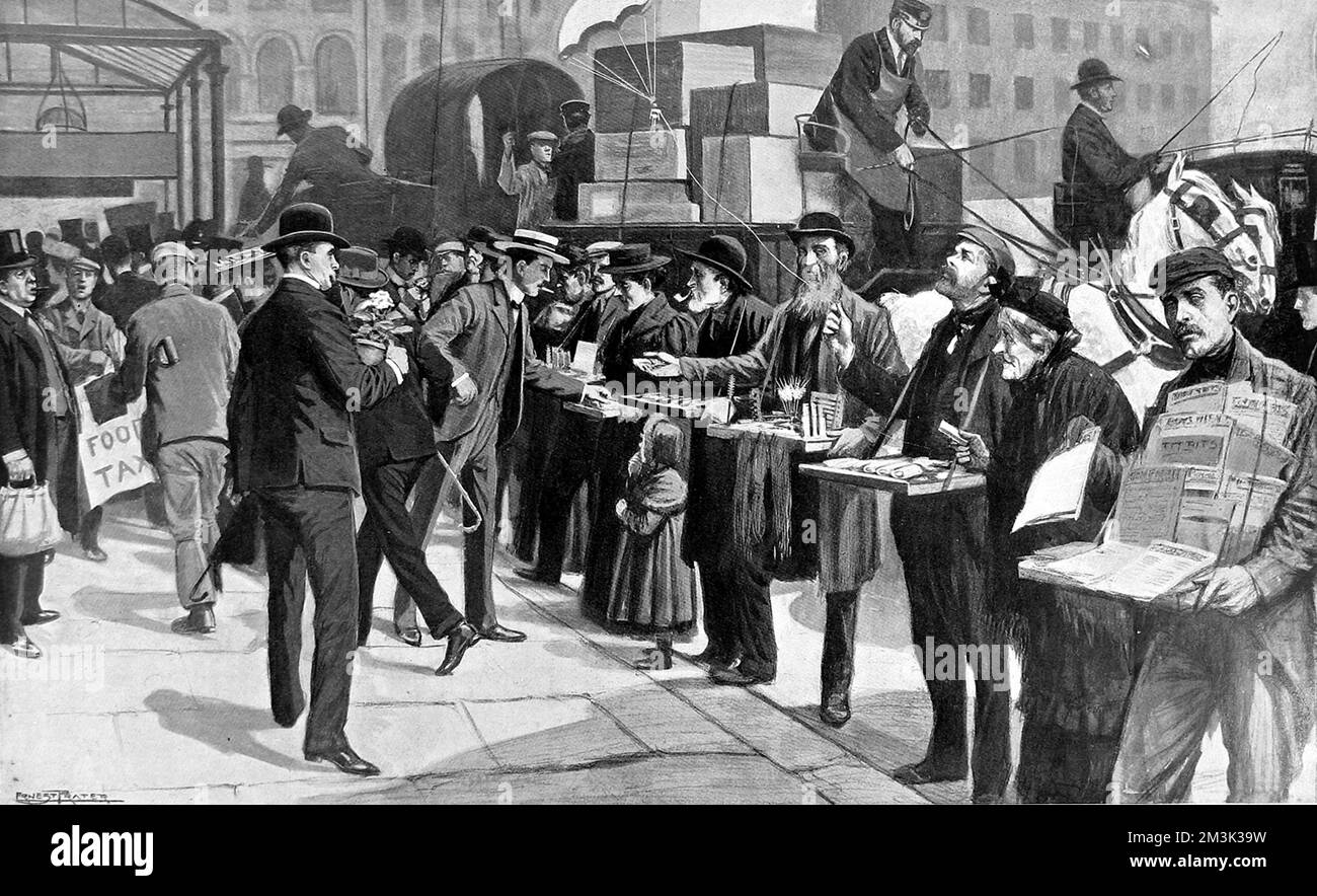 Penny toysellers offering their wares outside Farringdon Street Station ...