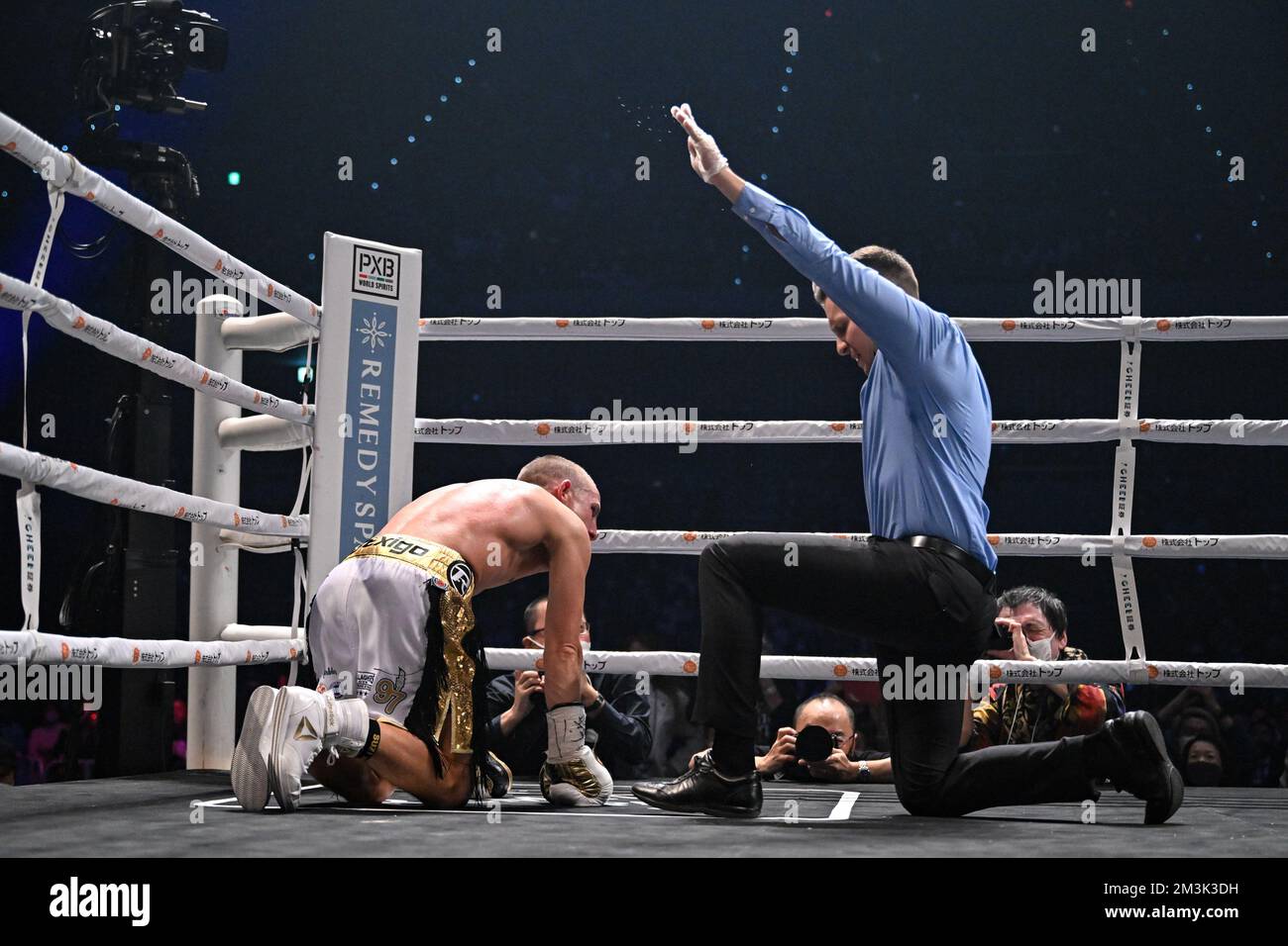 Tokyo, Japan. 13th Dec, 2022. Referee Bence Kovacs stops the fight as ...