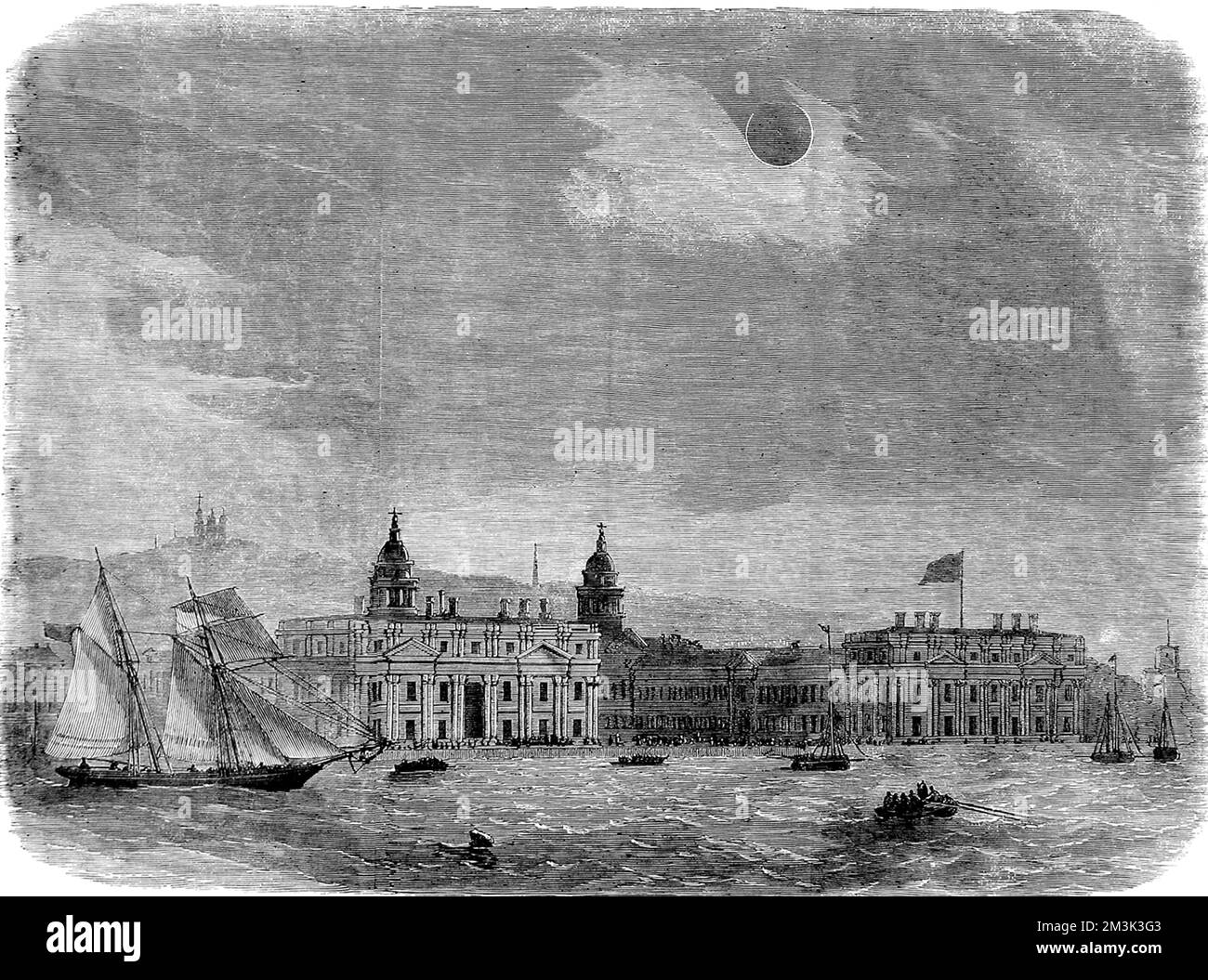Solar eclipse viewed over Greenwich, London, in March 1858. This view ...