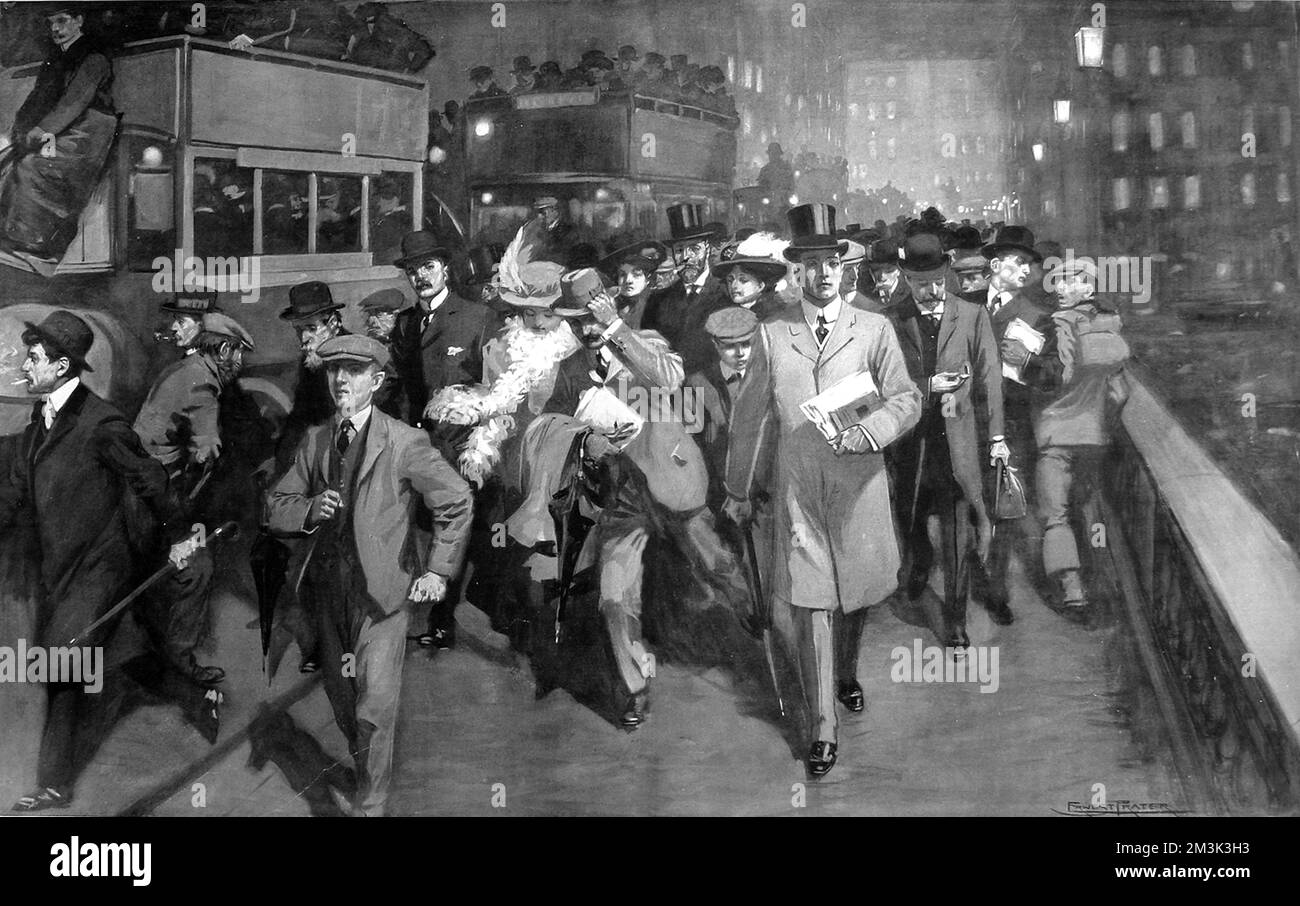 Workers leaving the City of London on Christmas Eve, 1909 Stock Photo ...