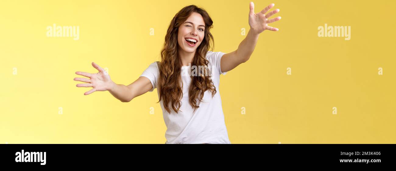 Girl cheering up sad friend wanna comfort girlfriend winking upbeat ...