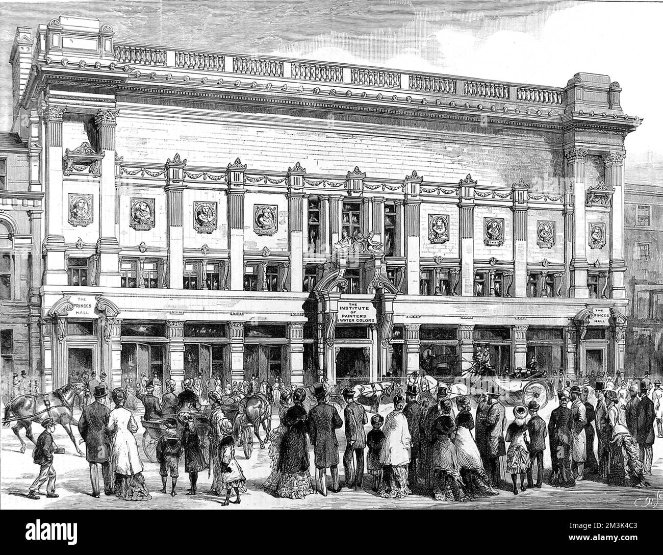 Exterior of the then newly built Institute of Painters in Water Colours and the Prince's Hall ...