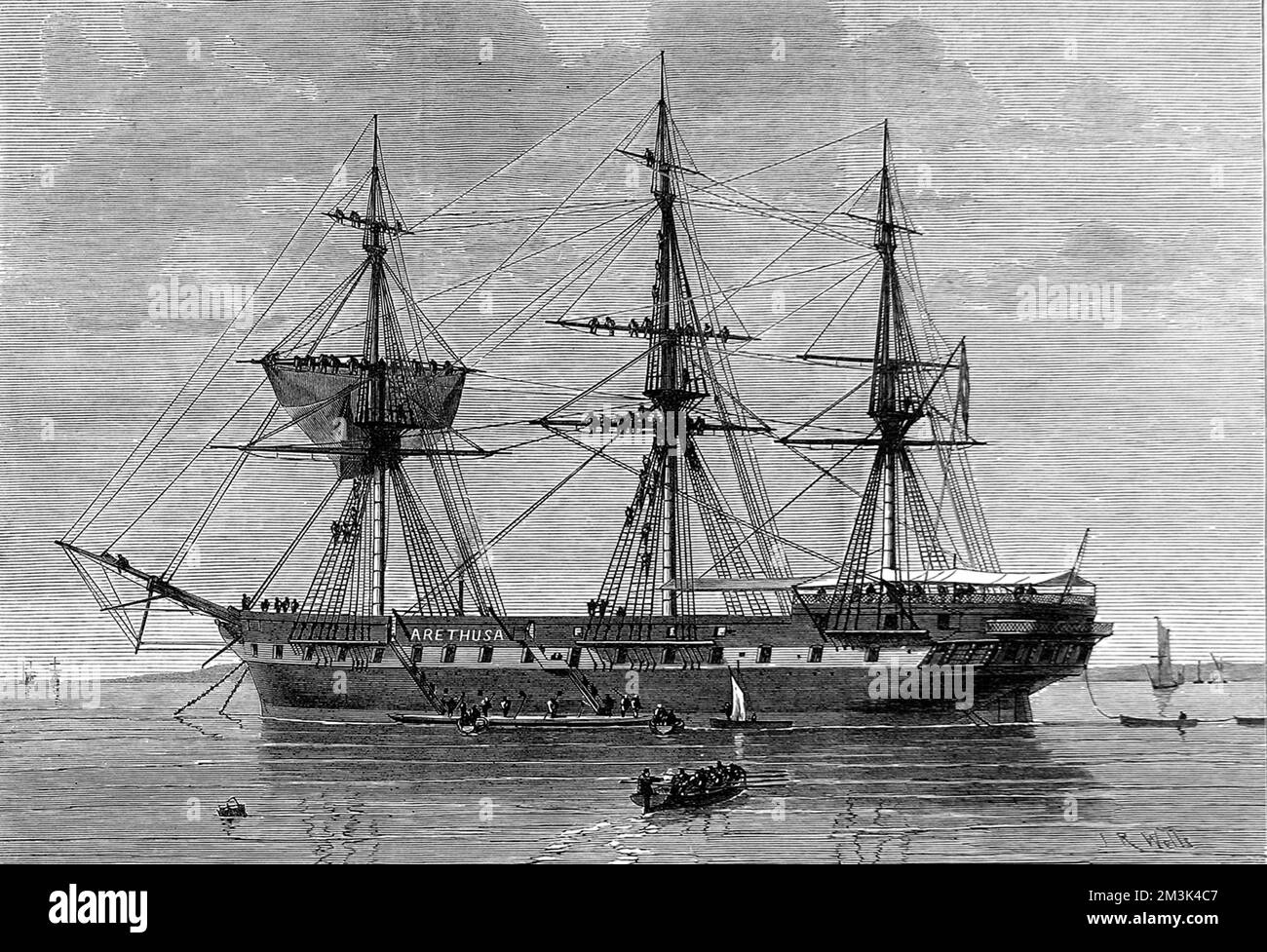 The training ship 'Arethusa', anchored in the River Thames, at ...