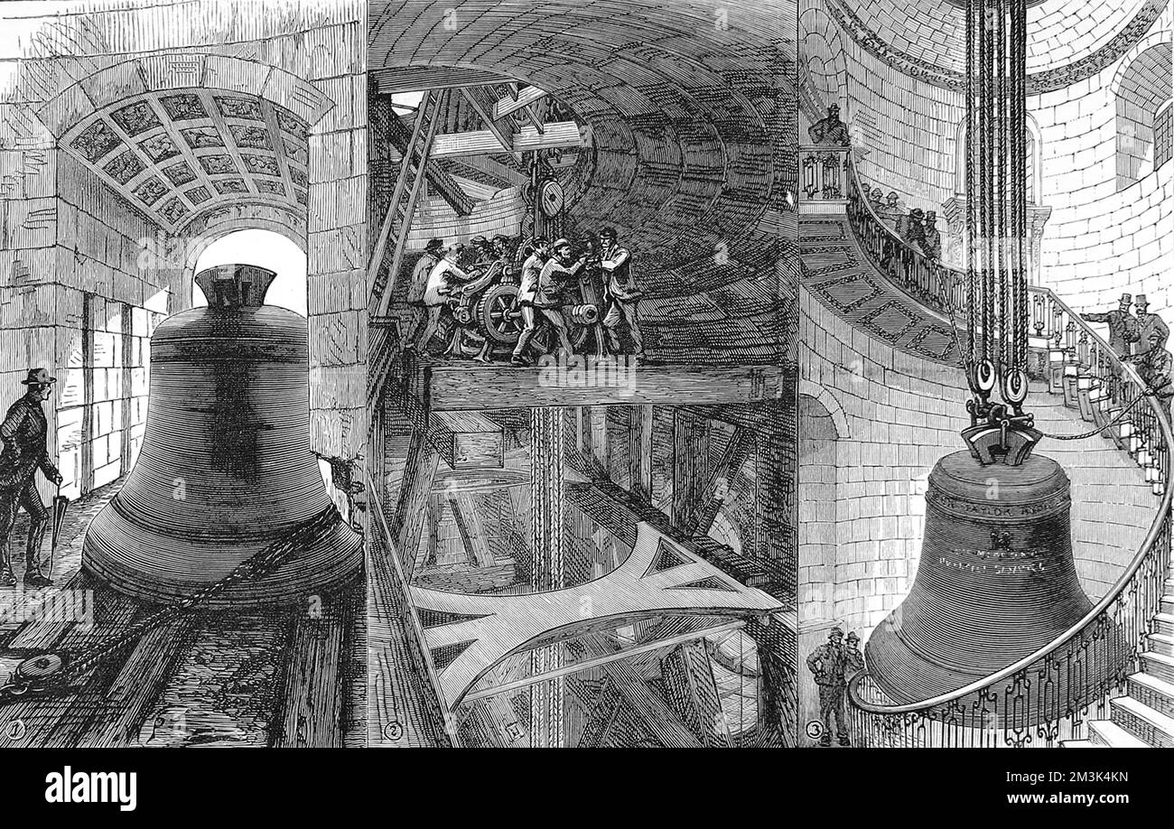 Three stages in the raising of a new Great Bell into the tower of St ...
