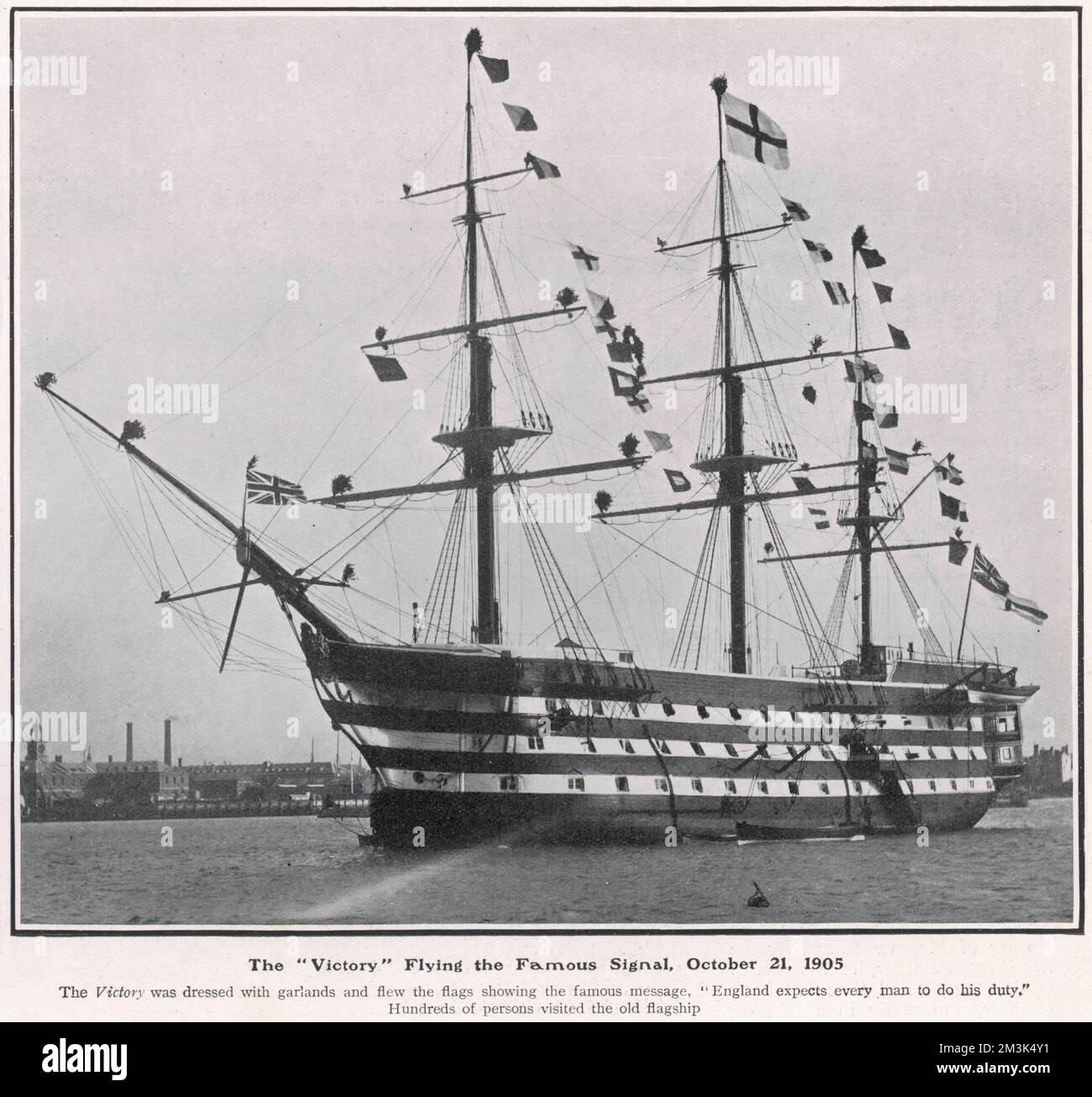 H.M.S. Victory flying the famous signal on 21 October 1905 Stock Photo ...