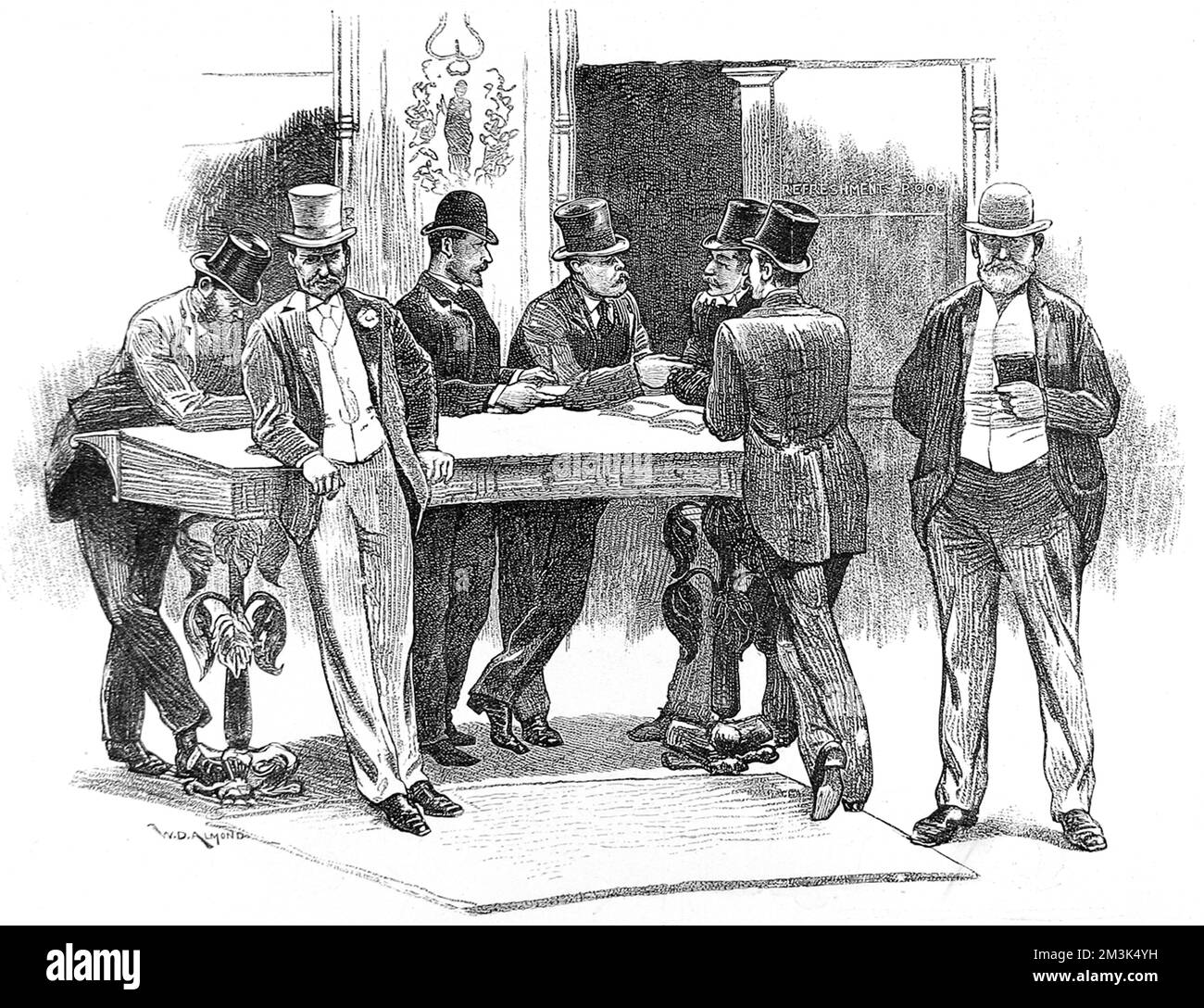 A group of top-hatted traders doing business at the desks of the London ...