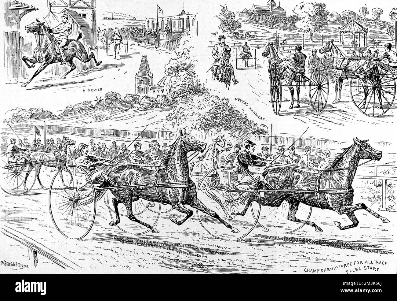 Engraving showing three views of the Trotting races which were held in ...