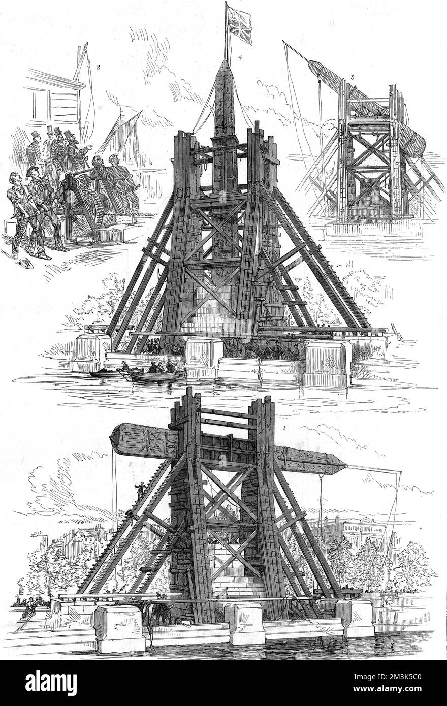 Four scenes during the raising of the 'Cleopatra's Needle', an ancient ...