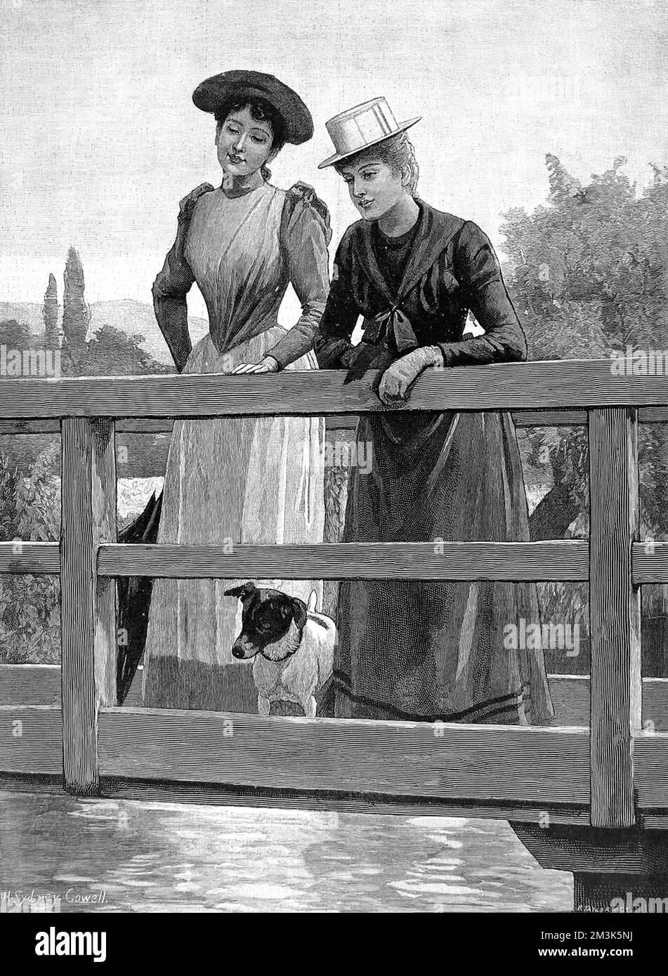 Two Victorian women and a dog, standing on a small bridge, admiring the ...