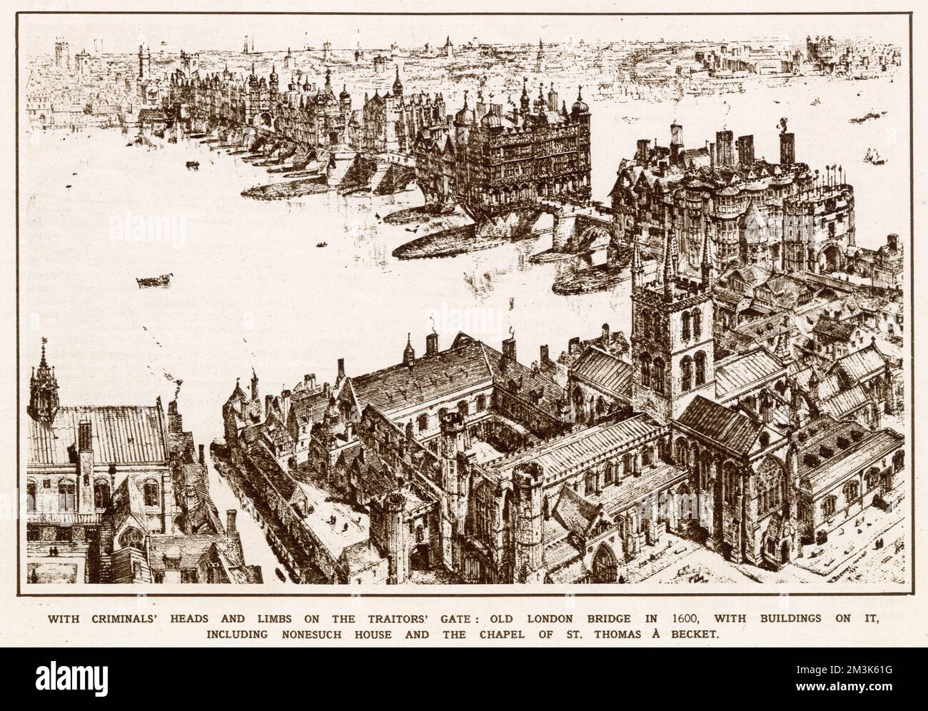 An aerial view of Southwark and the Old London Bridge in 1600 Stock ...