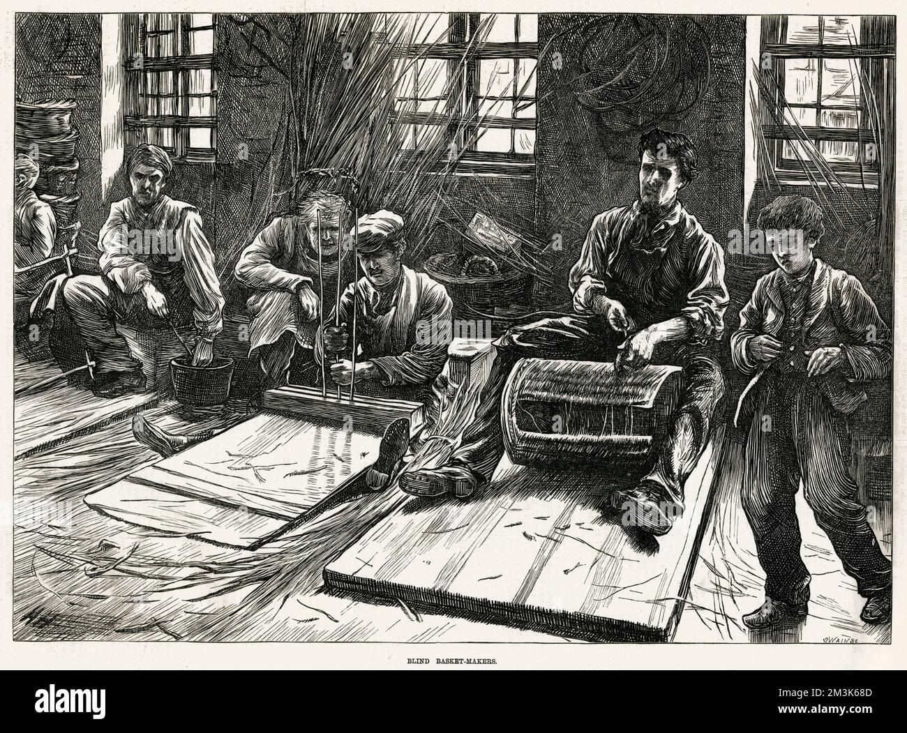 Group of blind men weaving baskets in a London workshop. Date: 1871 ...