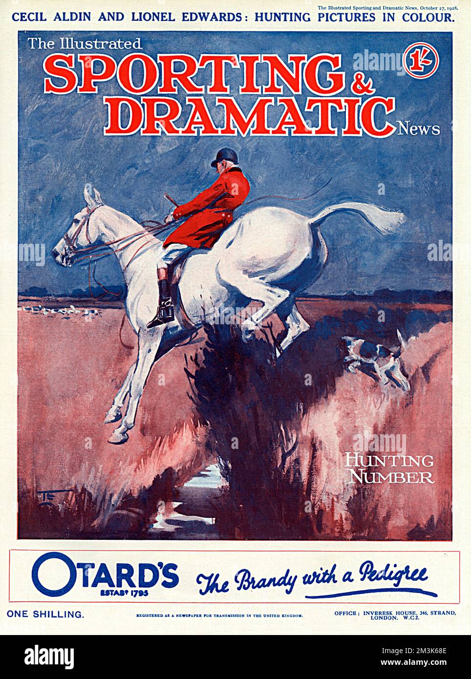 Huntsman clearing a hedge, followed by his dog during a hunt. 1928 ...