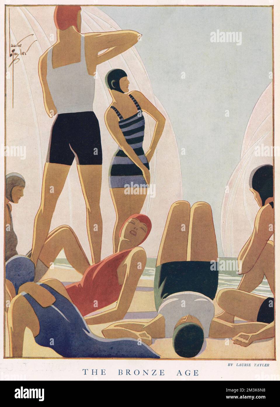 A stylish illustration of sunbathers relaxing on a beach. Date: 1929 ...
