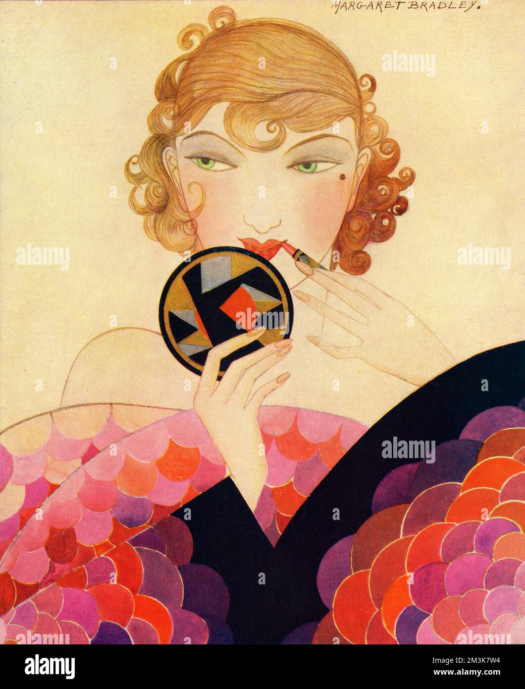 Colour illustration showing a glamorous lady applying her makeup using ...