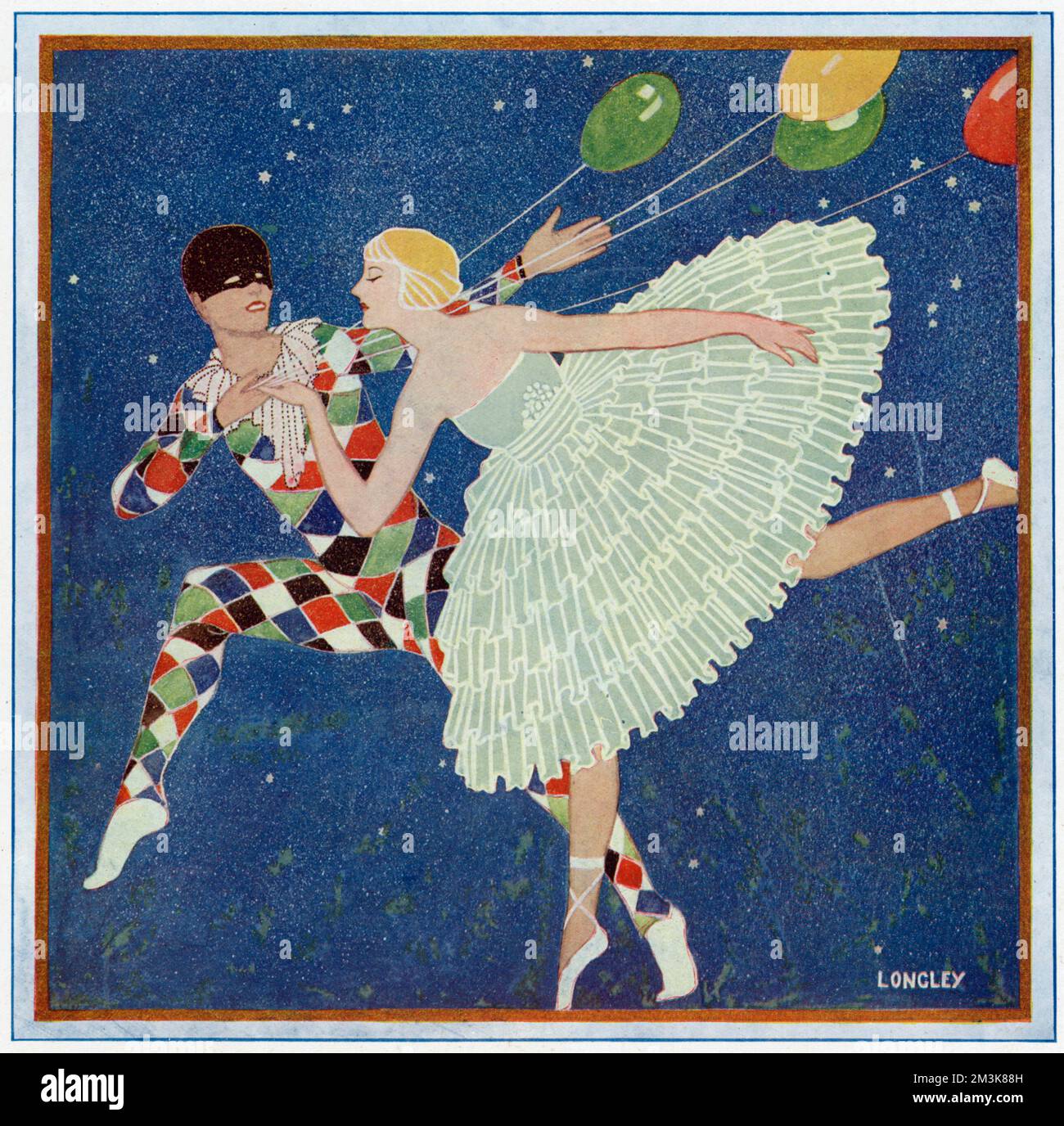 Colour illustration by S.S. Longley showing Harlequin and Columbine with balloons. 1922 Stock ...
