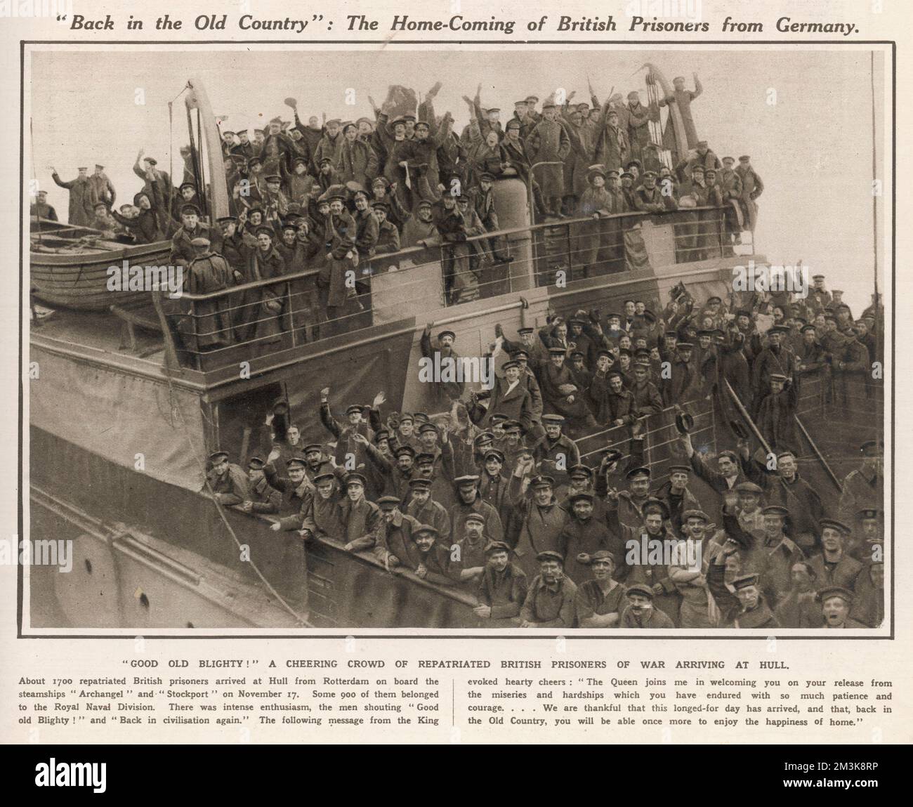 A cheering crowd of repatriated British prisoners of war returning to ...