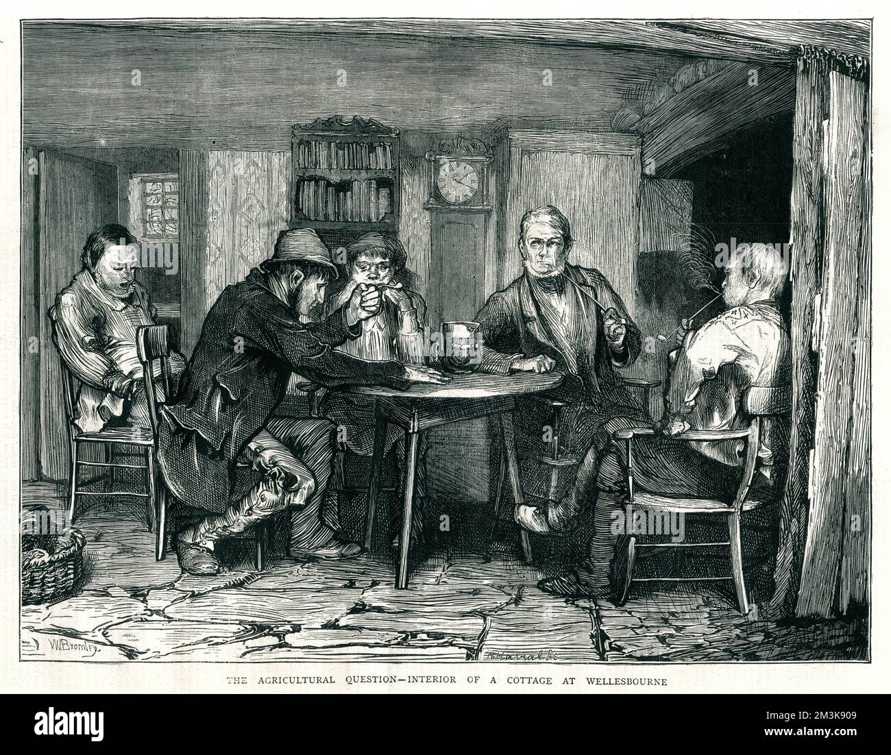 An interior scene of men seated around a table smoking long pipes. Date ...