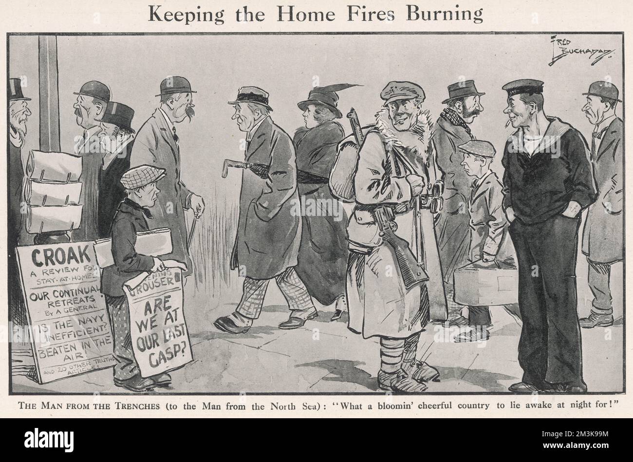 Humorous depiction of a cheery soldier and sailor home on leave during ...