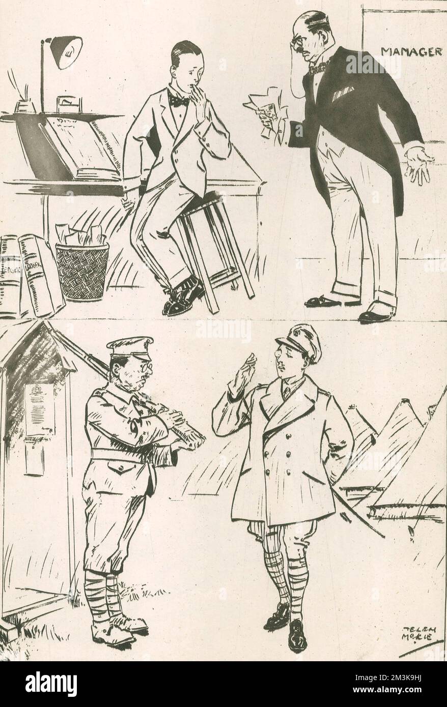 A cartoon showing how World War One flipped roles. A youthful clerk is ...