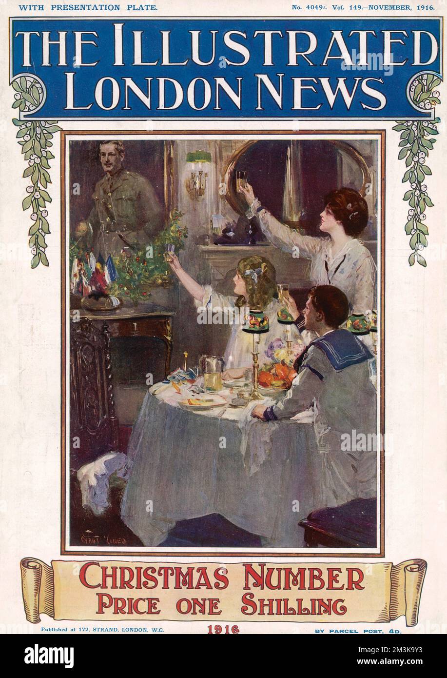 Family toasting the portrait of an absent father at Christmas during ...