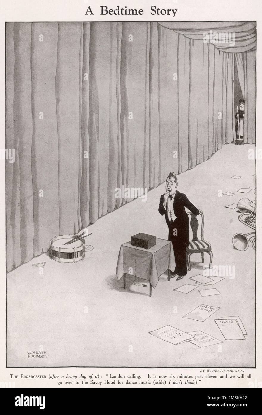 A tired broadcaster man yawning as he makes a late night broadcast ...