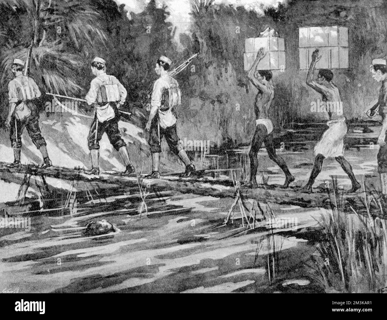 On the march - Crossing a bridge during the Mendi expedition Stock ...