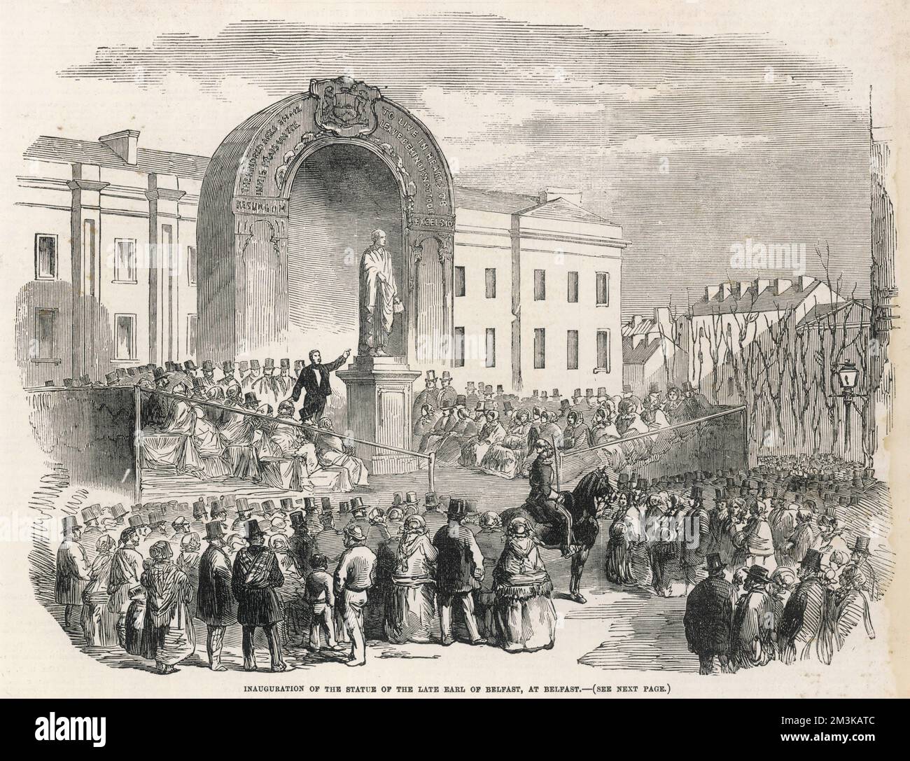 Engraving showing the unveiling of a statue of the late Earl of Belfast ...